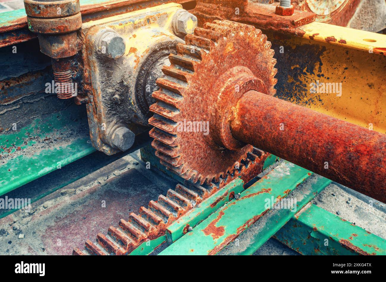Rusty metal machine, transmission shafts. Old broken transmission ...