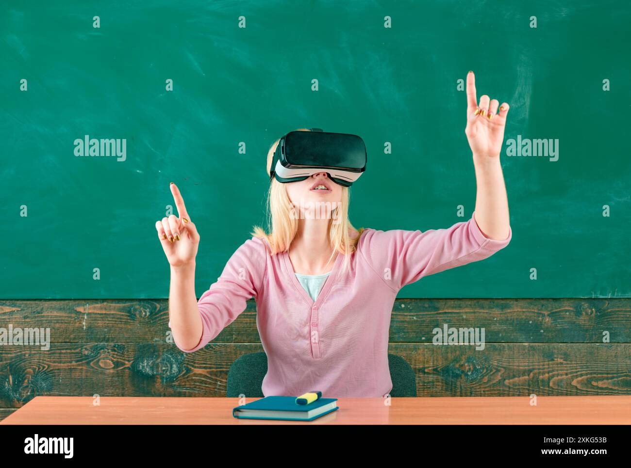 Portrait of student raise arms wear vr headset. Student ready to VR ...