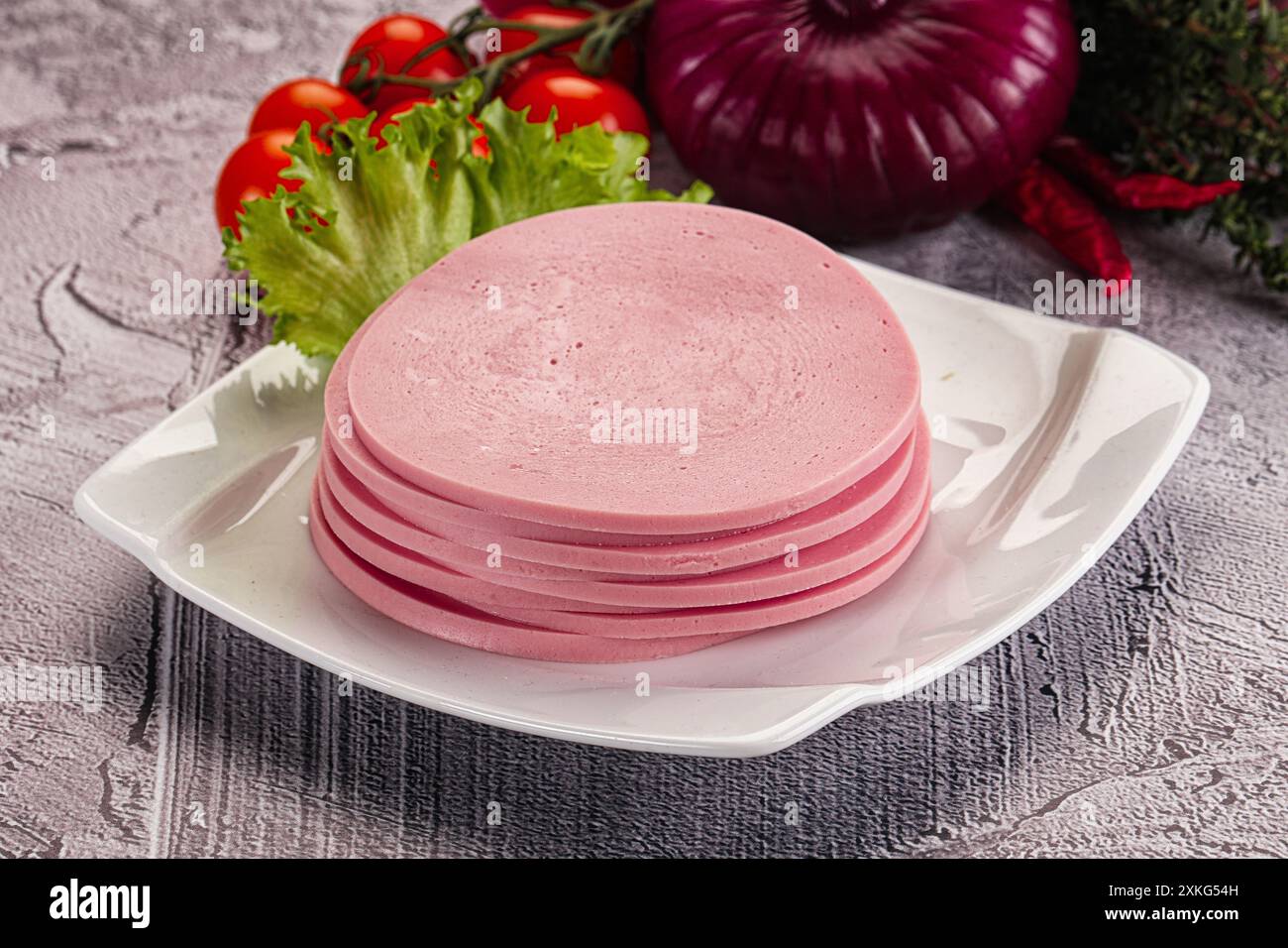 Boiled pork sliced sausage stack for breakfast Stock Photo - Alamy