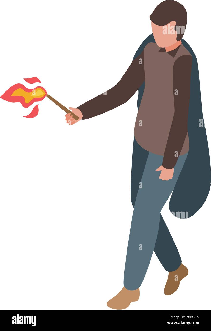 Young magician is walking and holding a burning magic wand, casting a ...