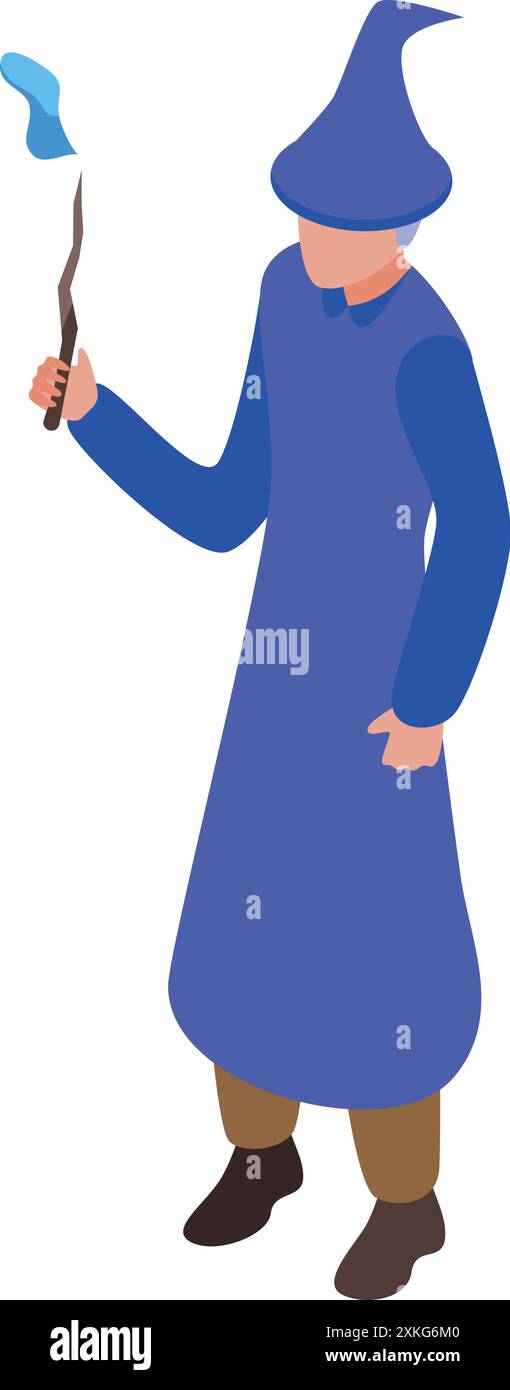 Wizard wearing blue robe and hat holding a magic staff casting a spell ...