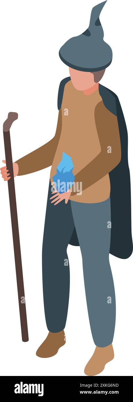 Medieval fantasy character wizard holding magic staff and blue fireball ...