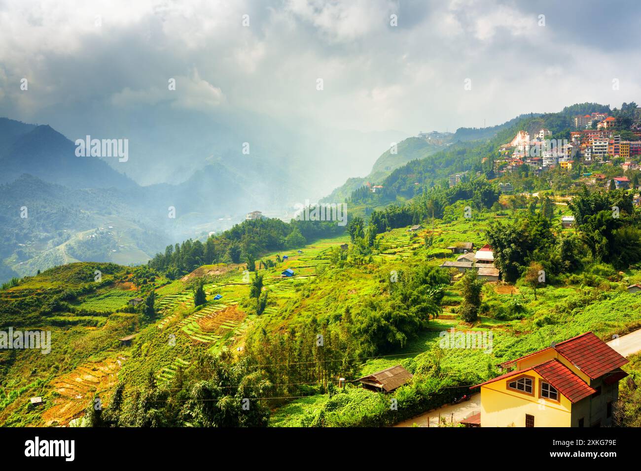 Beautiful view of rice terraces and Sapa town in Vietnam Stock Photo ...