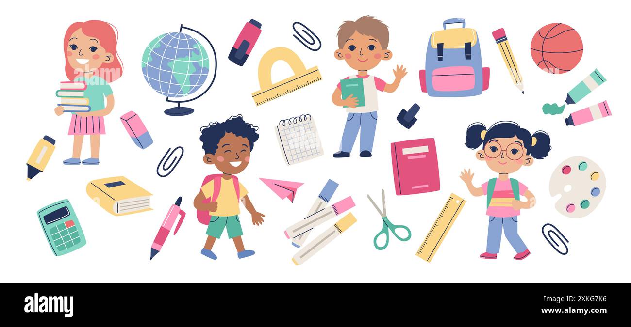 Childrens school elements. Pupils and set of school supplies. Vector ...