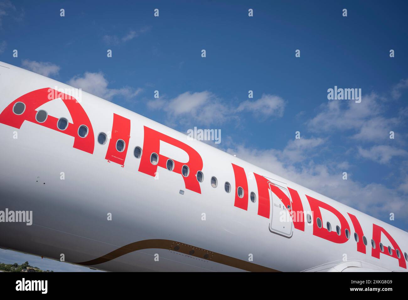 The logo of an Air India Airbus A350-900 airliner on static display ...