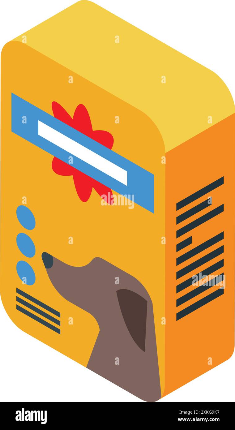 Yellow isometric dog food box with a dog drawing enjoying food Stock ...