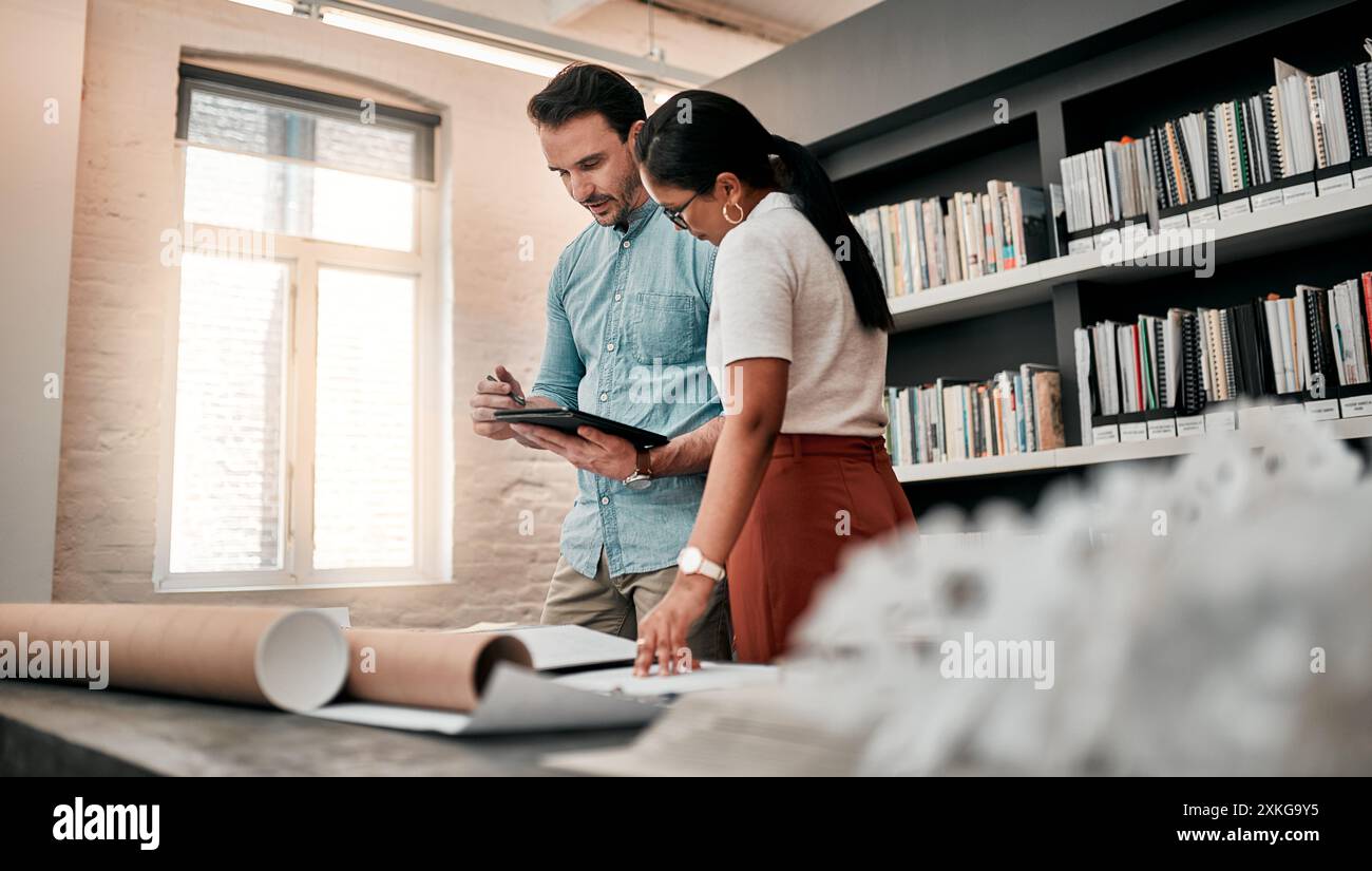 Architecture, teamwork and planning with tablet in office for ...