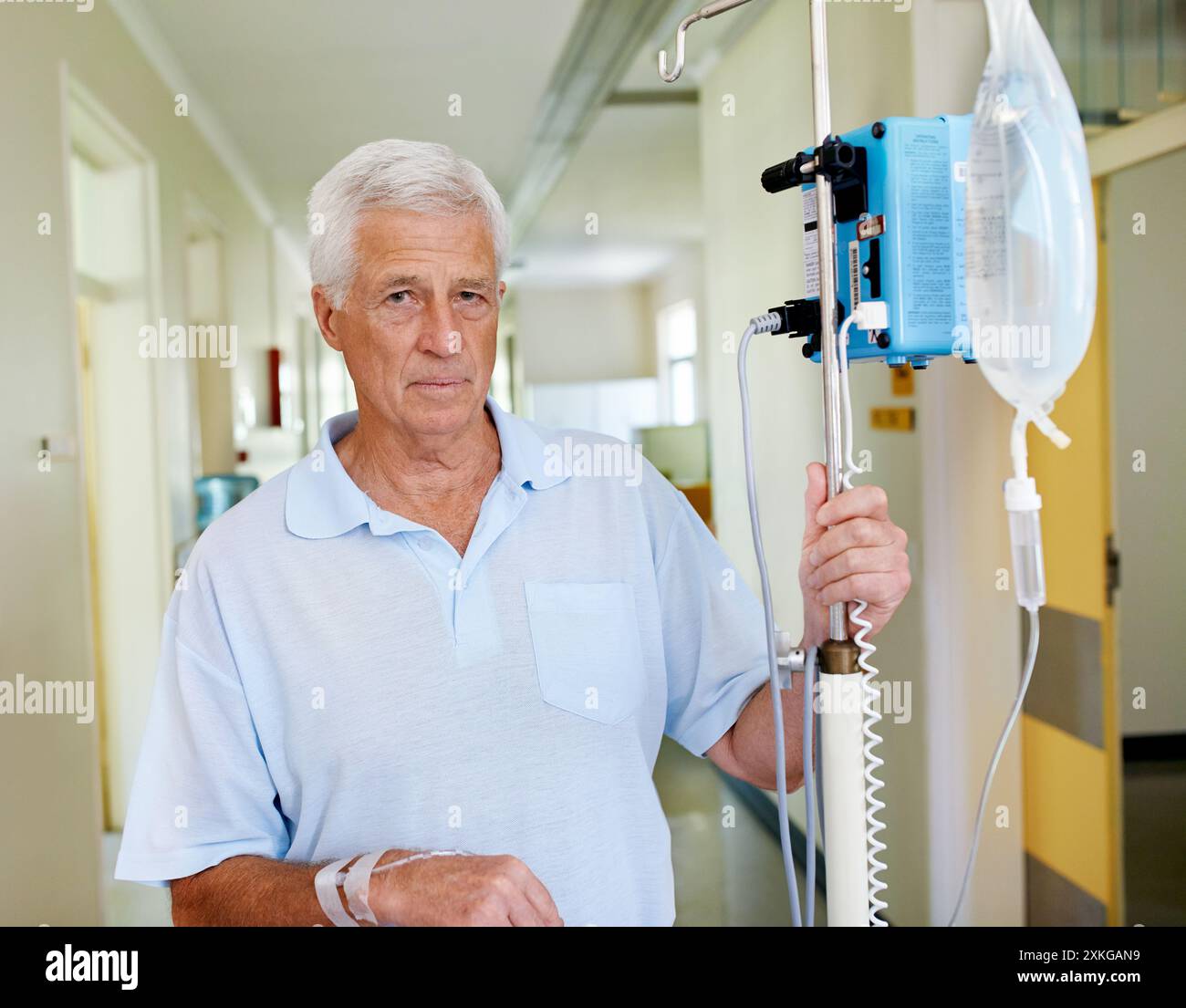 Portrait, IV drip and old man in hospital, patient and sad for illness ...