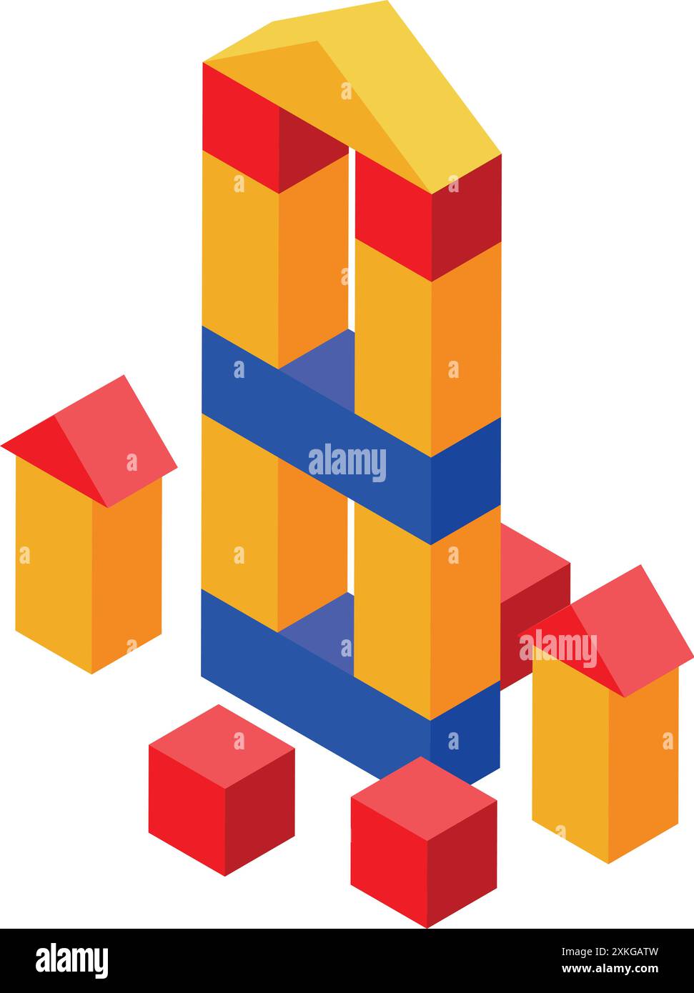 Colorful toy tower made of plastic blocks, developing creativity and ...