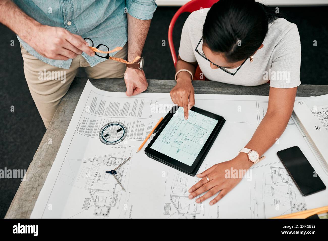 Architecture, hands and tablet with blueprint in office for creativity ...