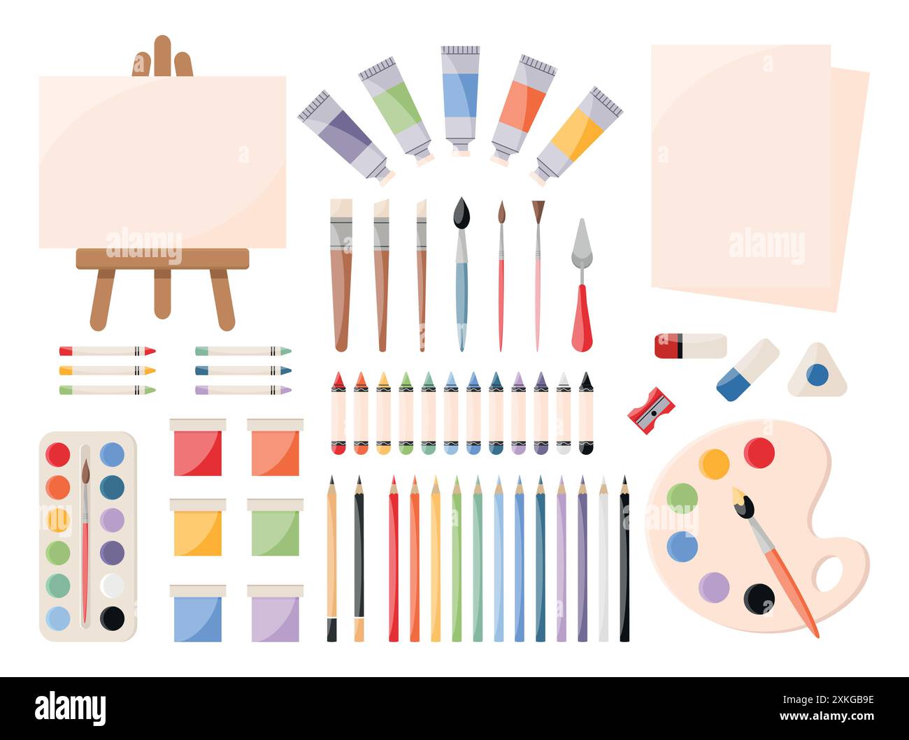 Painting tools, art supplies set. Paints, canvas, paint tubes, brushes ...