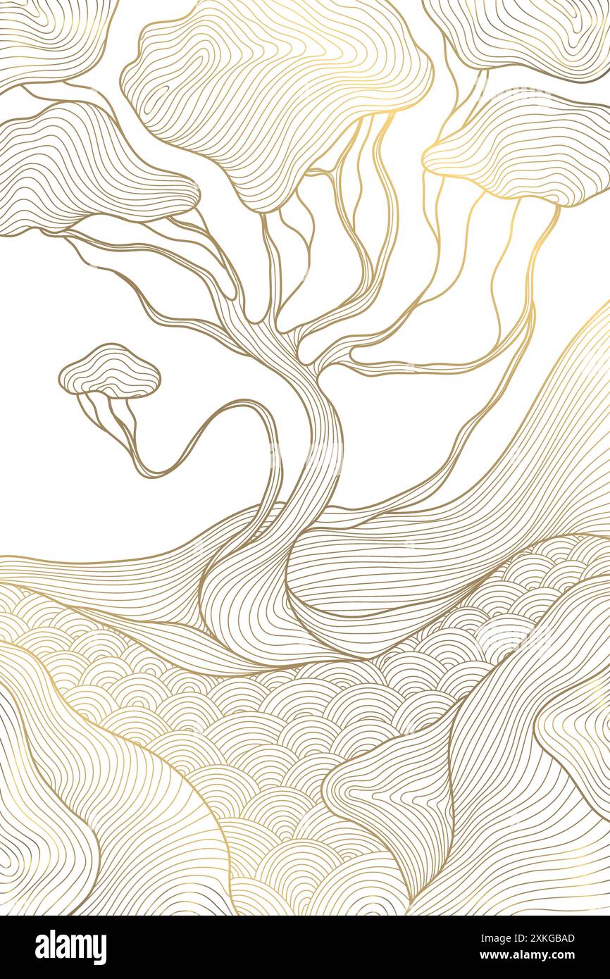 Vector gold on white japanese pattern. Line tree on hills and river ...
