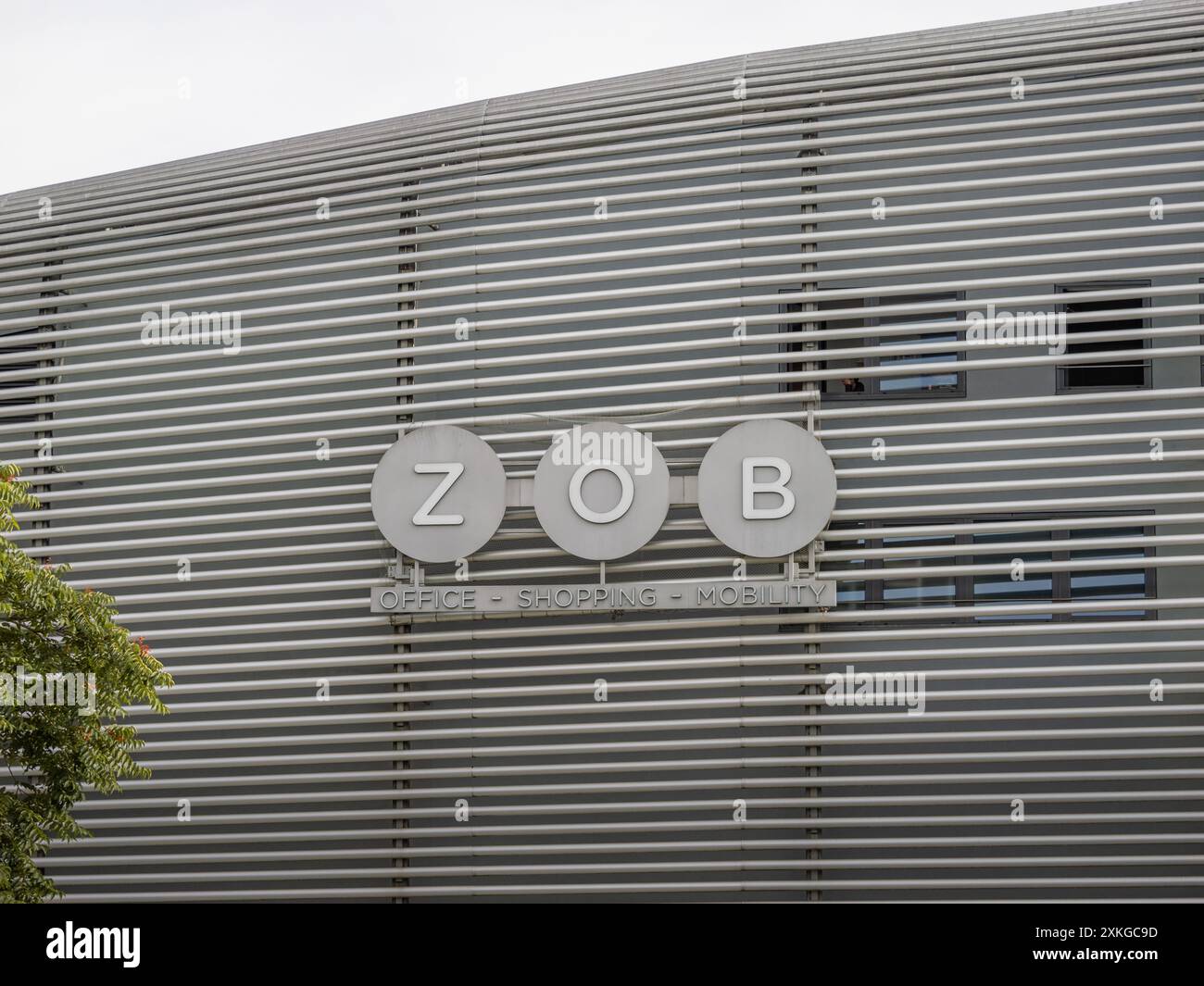 Munich ZOB bus stop building exterior. Logo sign of the central station ...