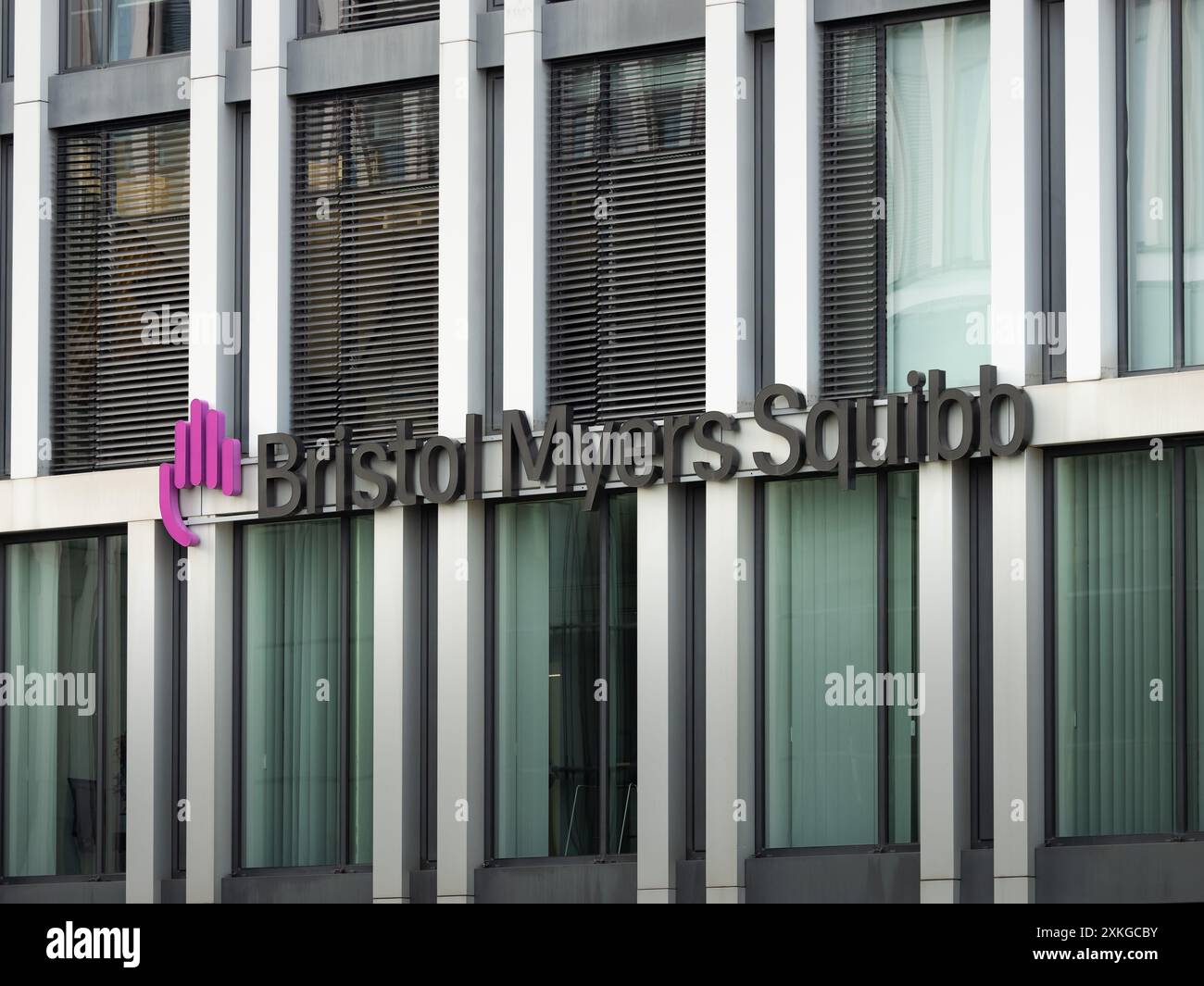 Bristol Myers Squibb logo sign of the biopharmaceutical company. Office ...