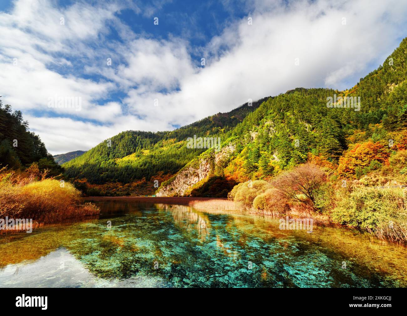 Amazing azure crystal clear water of river and mountains in fall Stock ...