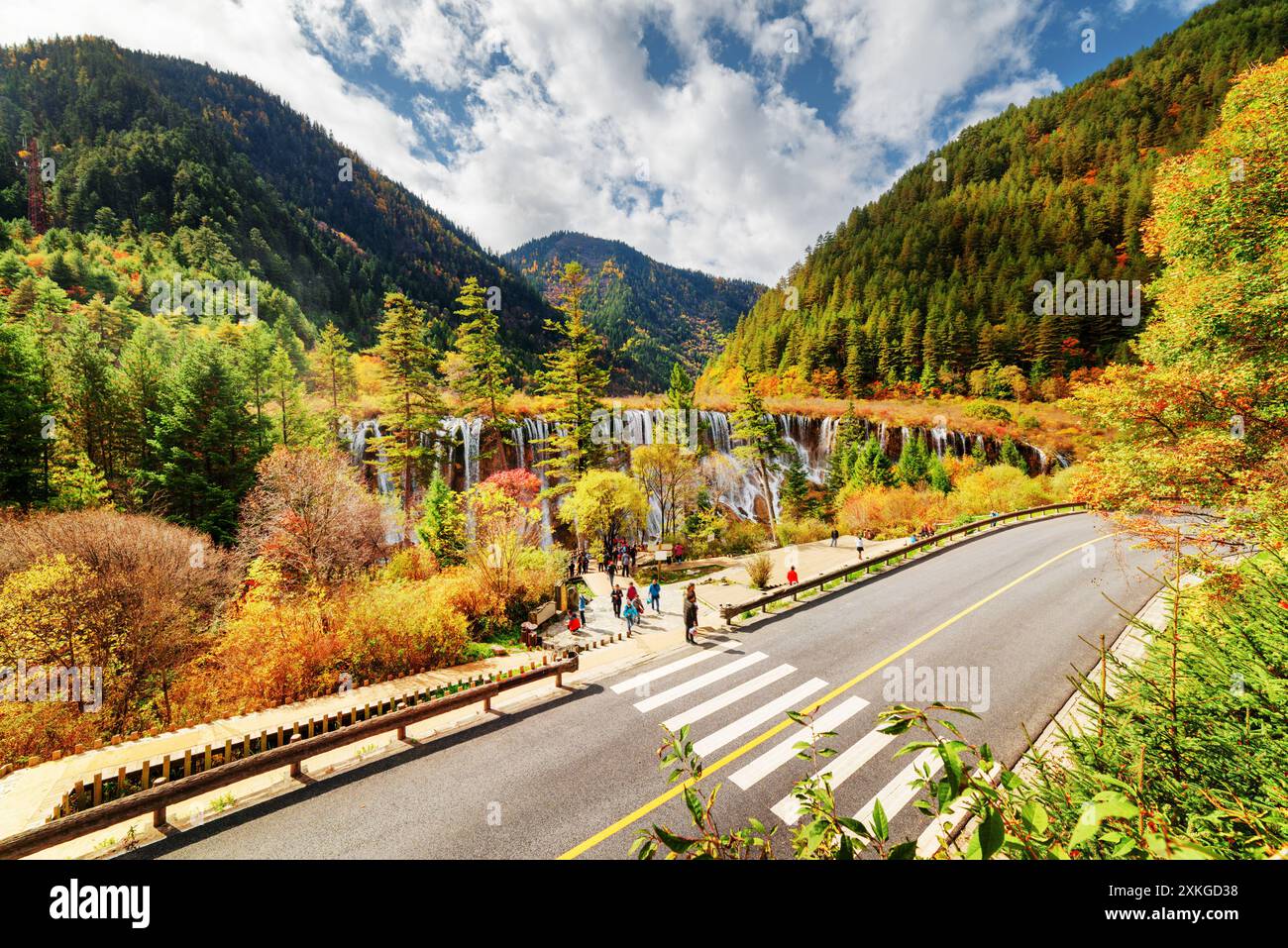 Top view of the Nuo Ri Lang Waterfall (Nuorilang) and road Stock Photo ...