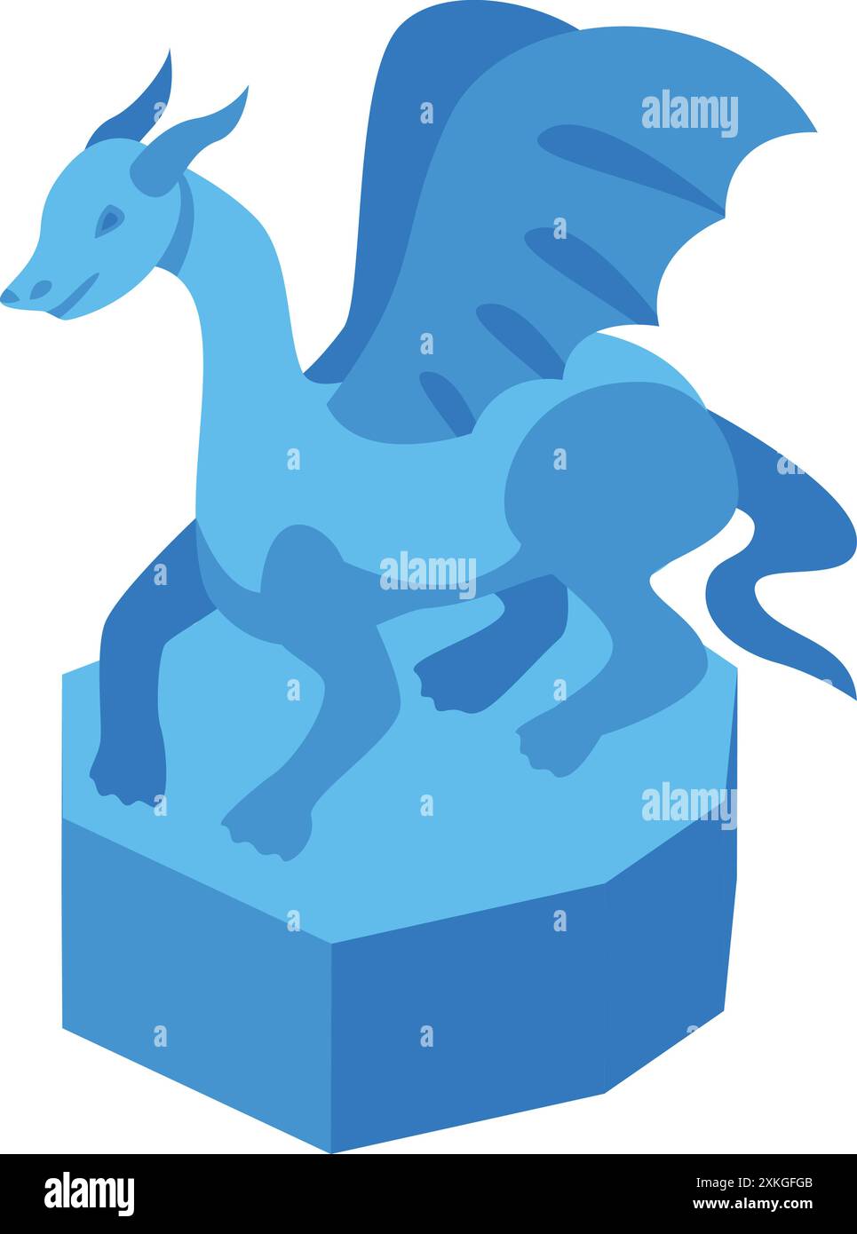 Blue mythical creature sculpture standing majestically on a hexagonal ...