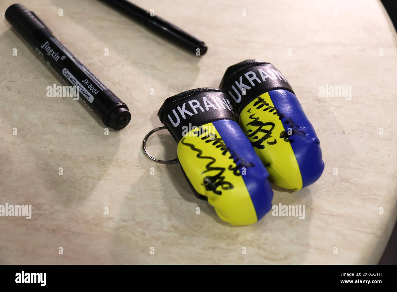 KYIV, UKRAINE - JULY 22, 2024 - A keychain looking like boxing gloves ...