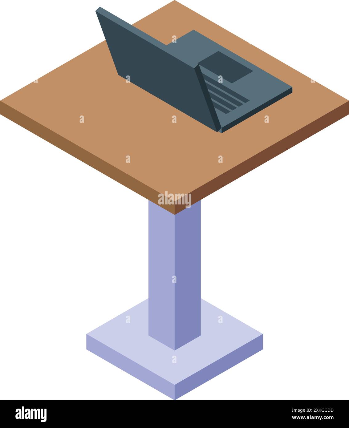 Laptop is sitting on a one legged table with a square top, perfect for ...