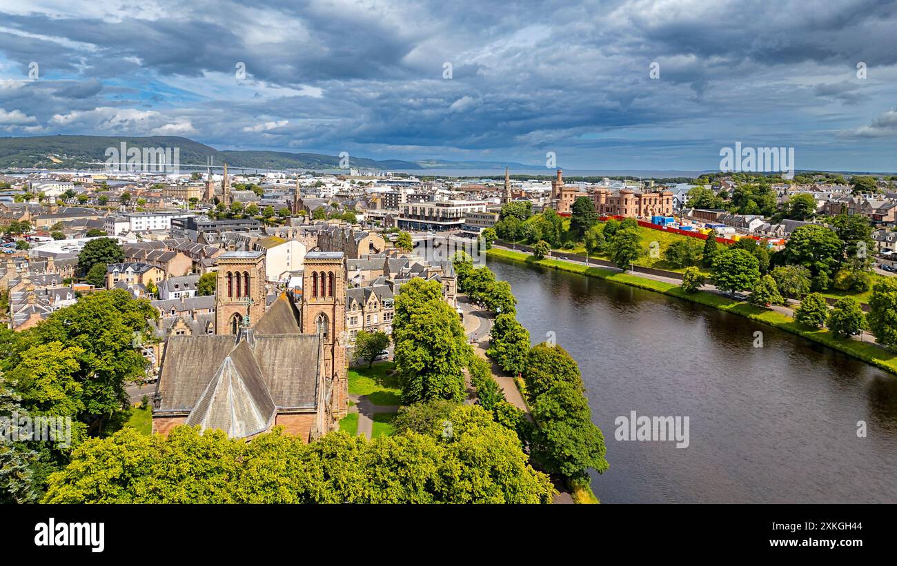 Inverness Scotland River Ness tree lined roads the Cathedral towers ...
