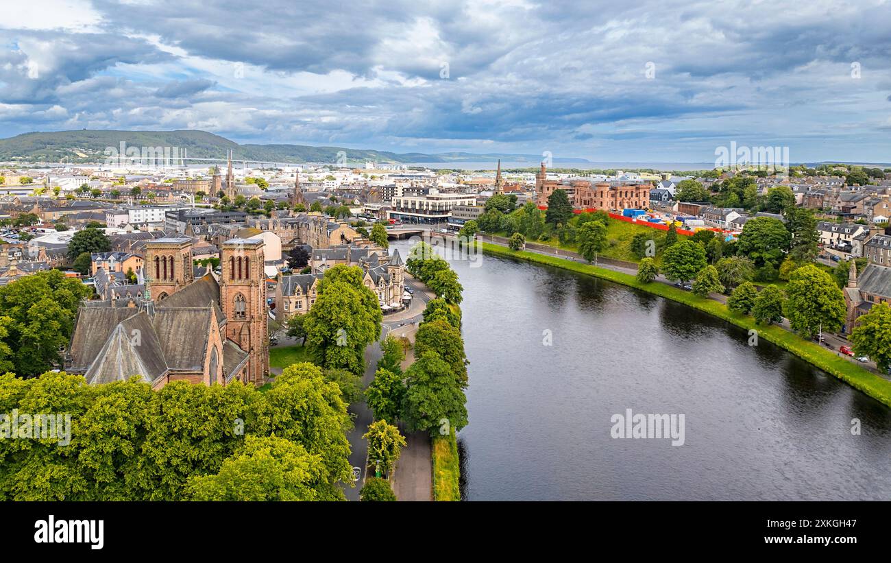 Inverness Scotland River Ness tree lined roads the Cathedral towers ...