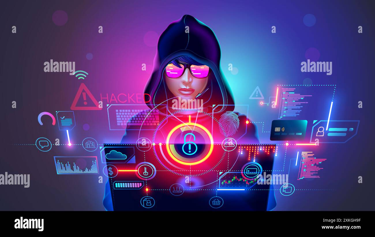 Hacker in hood with laptop in dark room. virtual lock icon over screen ...