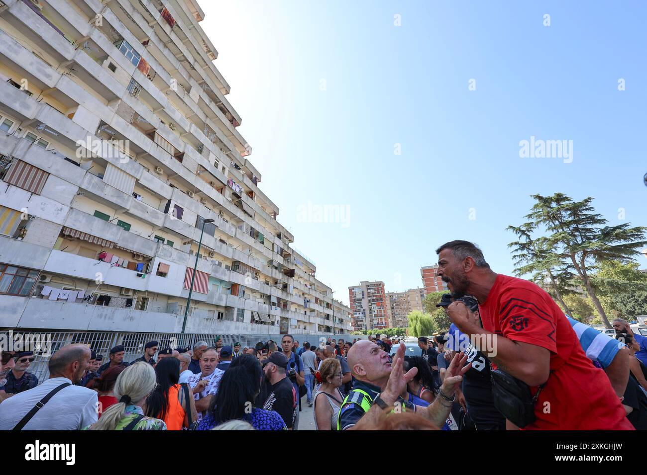 Naples, Italy, 23 July 2024. A man protests in front of the building in ...