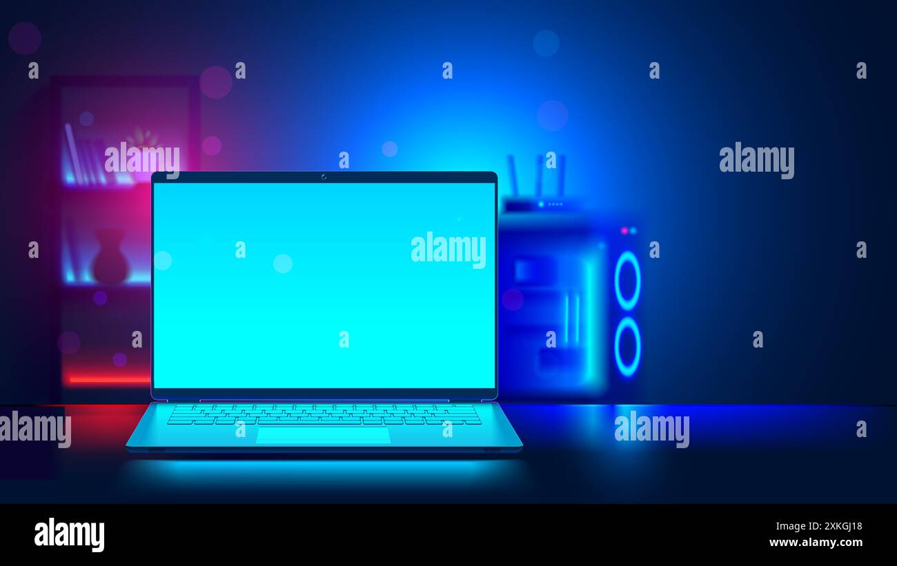 Gaming laptop mockup with blank screen in dark room. Vector open laptop ...