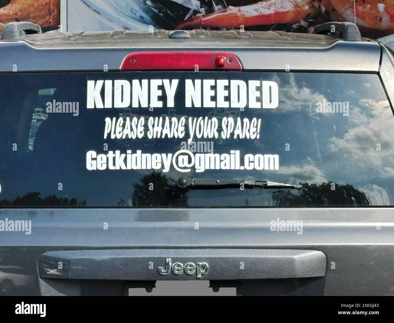 A plea for a kidney on the back window of a car parked in Westchester ...