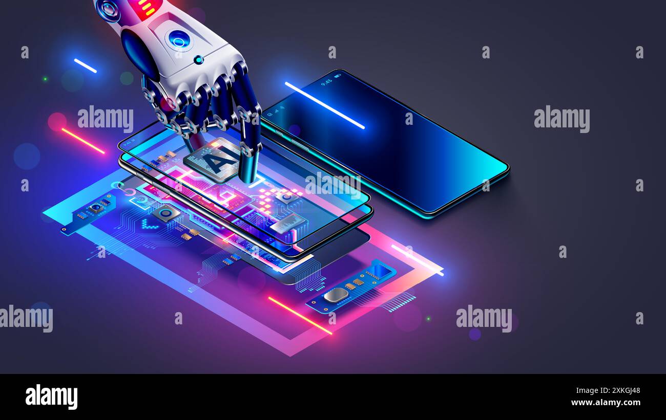 Phone with AI or artificial intelligence. Robot assembly phone on ...