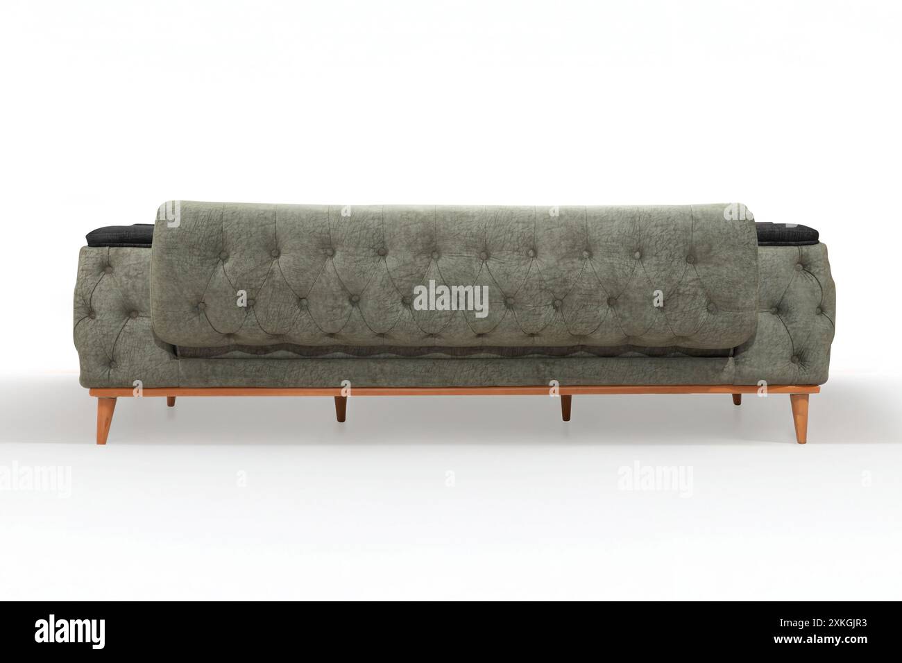 Backside of a grey and black tufted sofa with wooden legs, perfect for ...