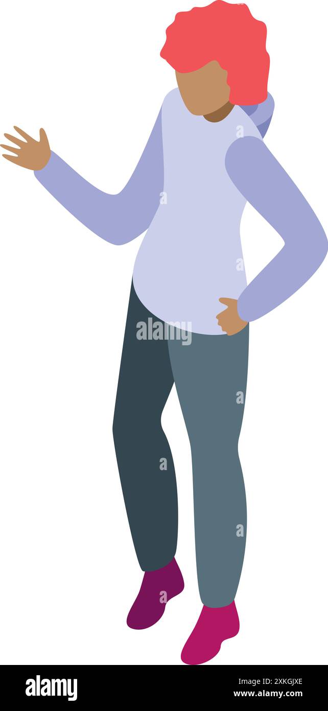 Young woman is standing and gesturing with her hand while explaining ...