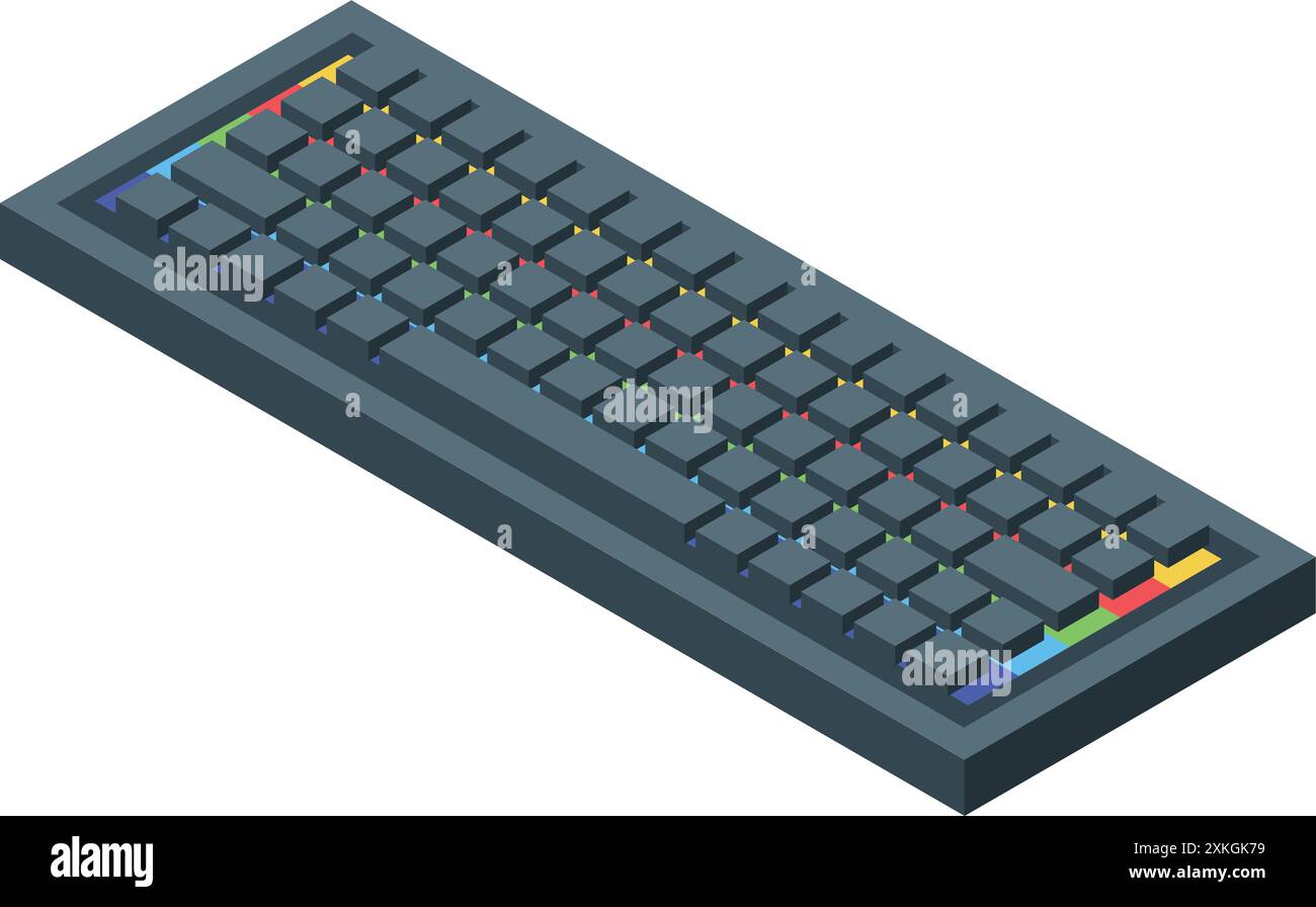 Modern keyboard with colorful keys is being shown from an isometric ...
