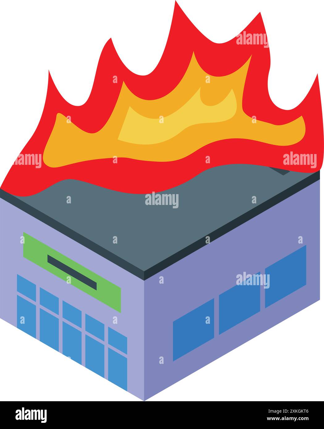 Isometric icon of a building on fire, representing industrial fire ...