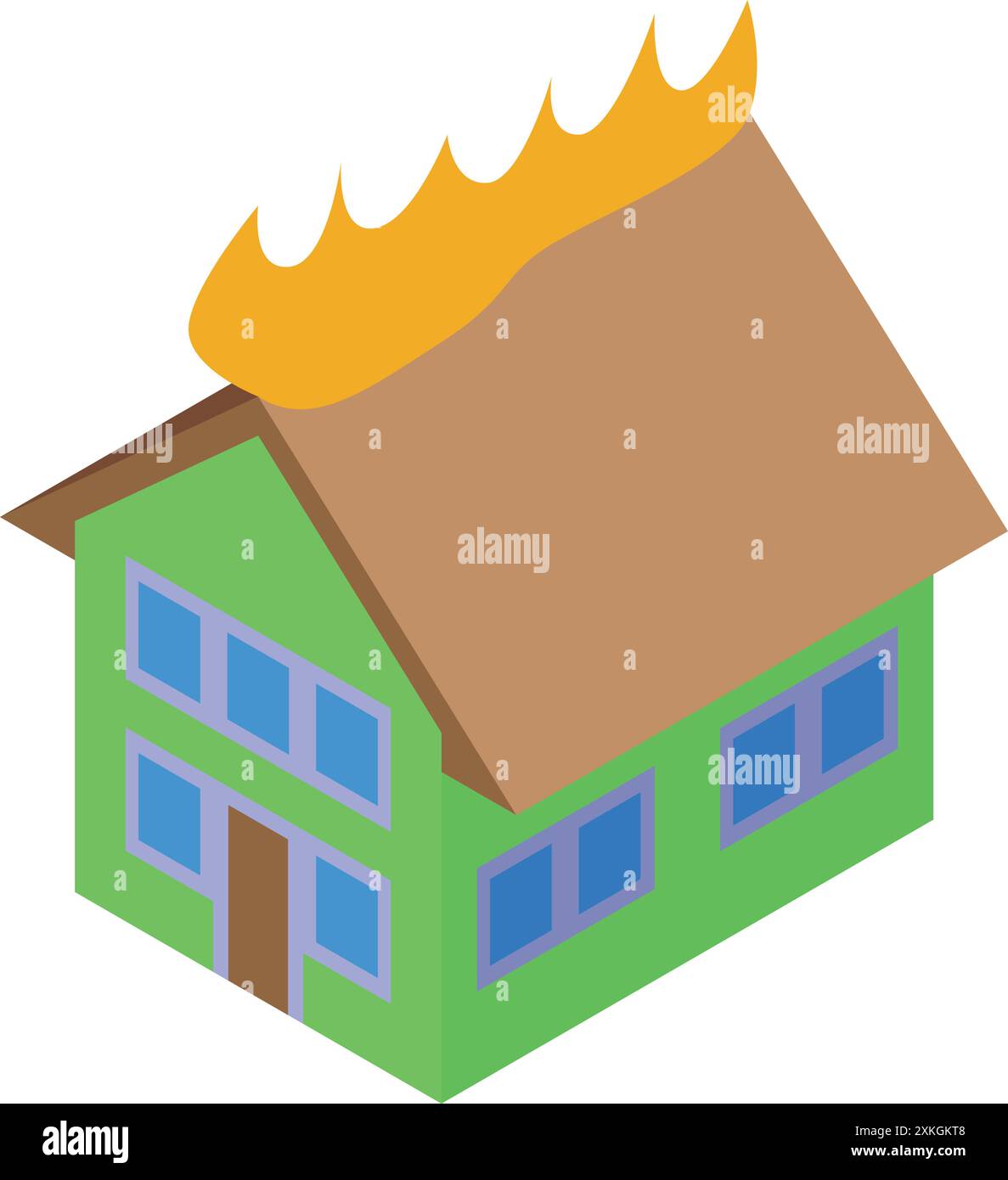 Green house burning with fire on roof isometric view isolated on white ...