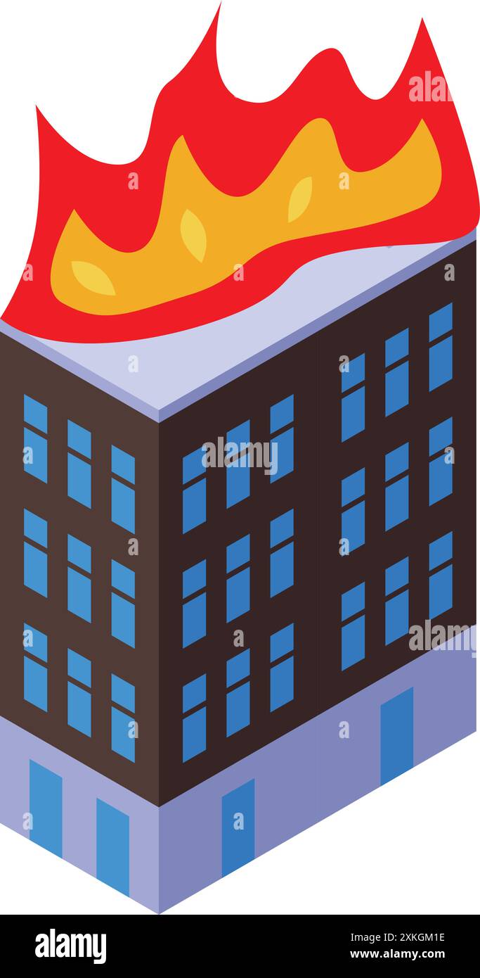Isometric building with flames erupting from roof, depicting a fire emergency Stock Vector Image ...