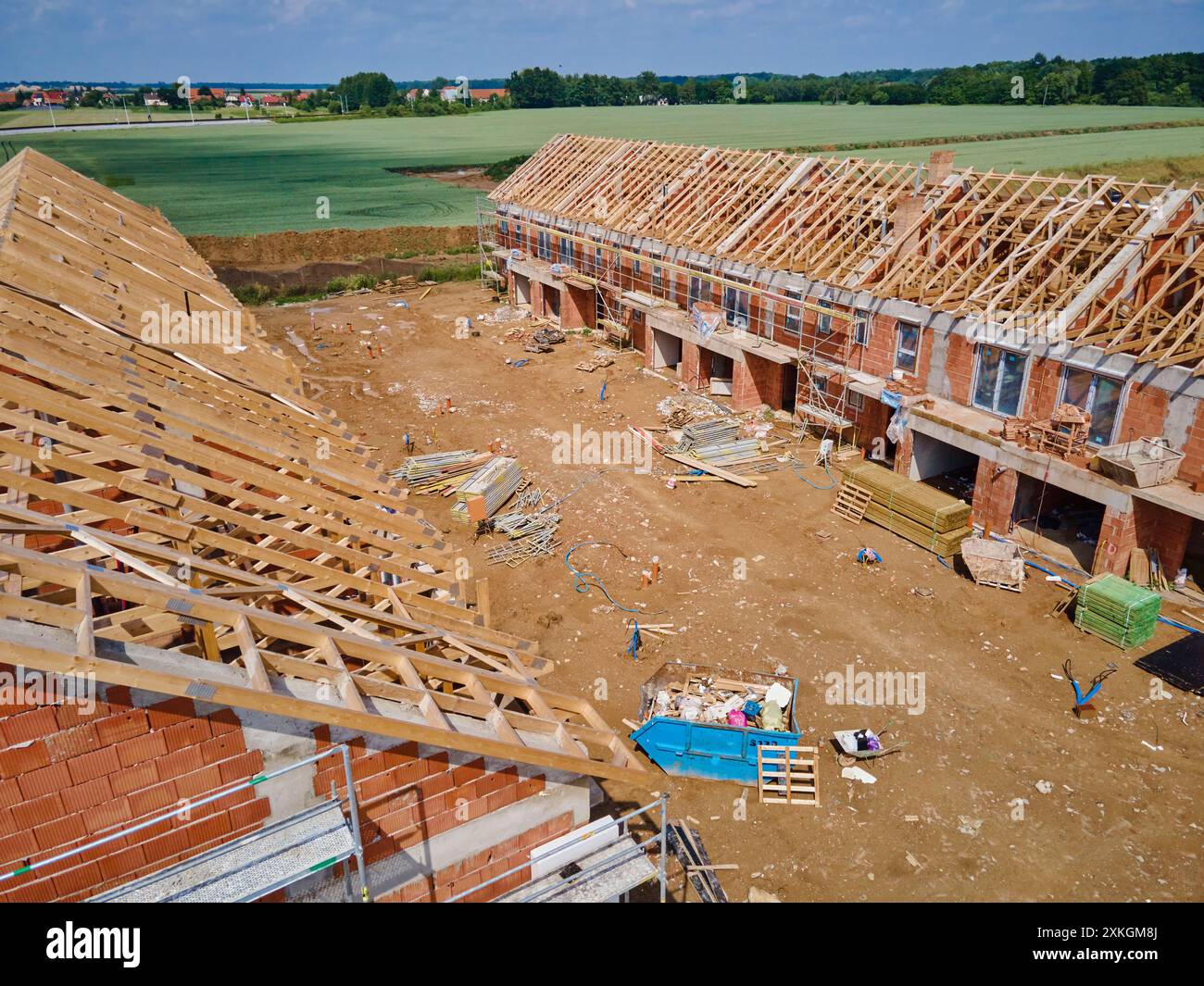 Aerial view of new house construction project in suburban area ...