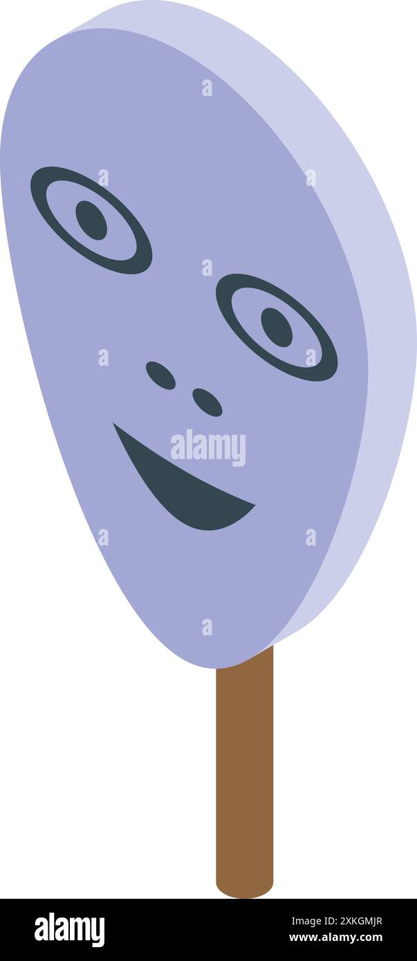 Cartoon icon of a smiling mask on stick representing happiness and joy ...