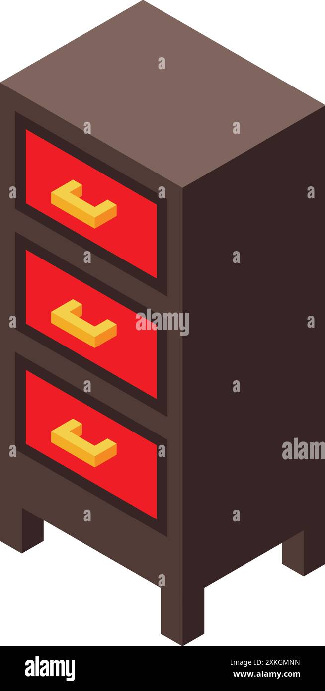 Tall wooden cabinet standing with red drawers and gold handles is an ...