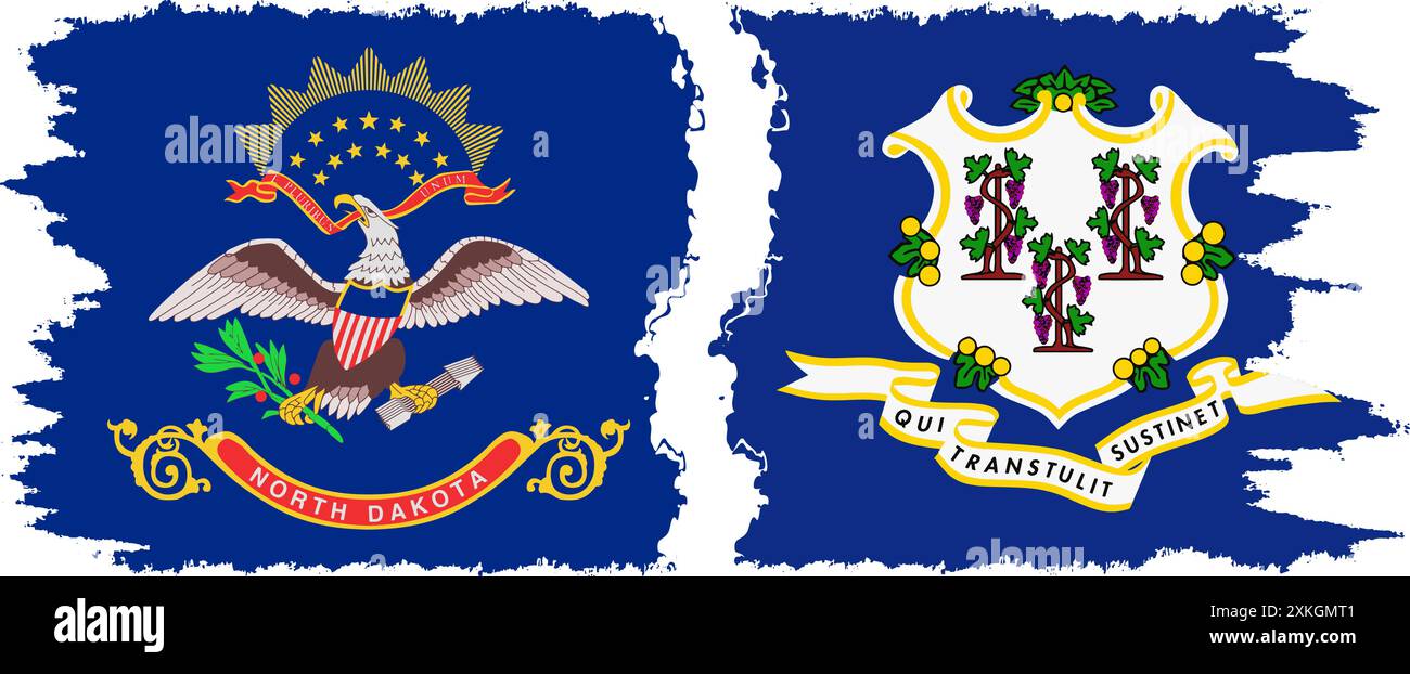 Connecticut and North Dakota states grunge brush flags connection ...