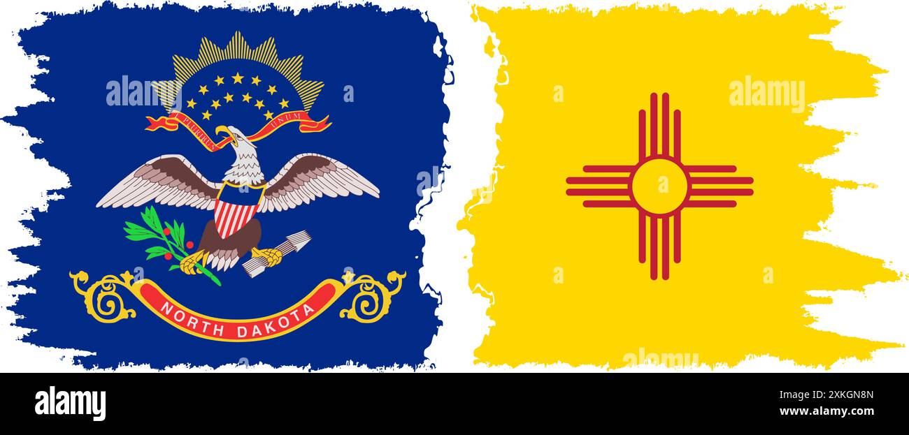 New Mexico and North Dakota states grunge brush flags connection ...
