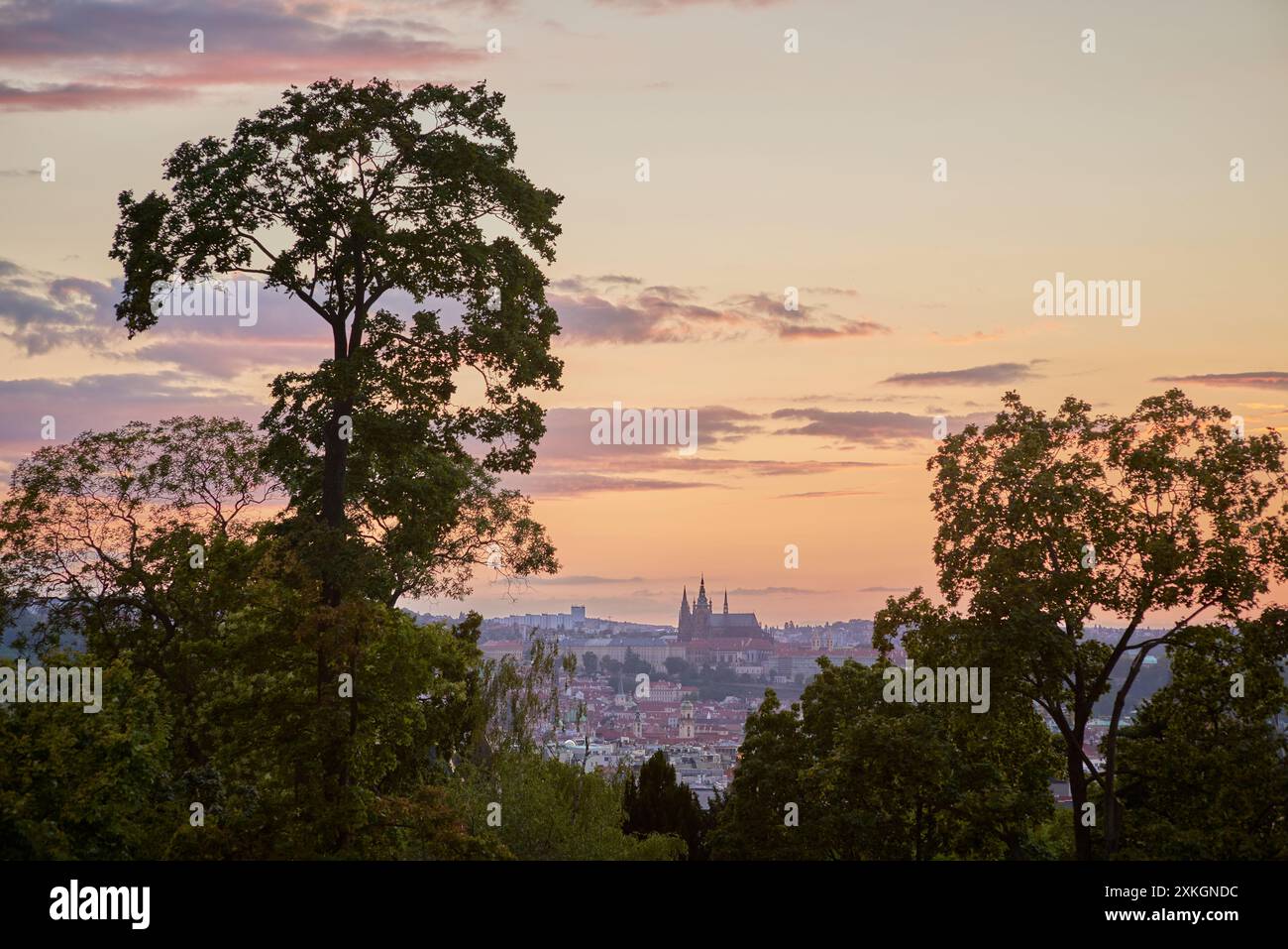 Sunset view of Prague cityscape in summer from the Riegrovy Sady park ...