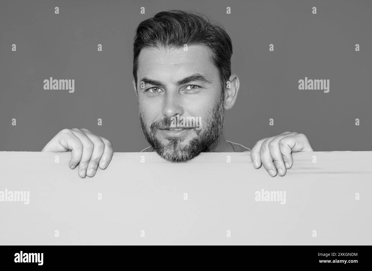 Man holds the sign, blank card. Placard ready for your product. Sign to ...
