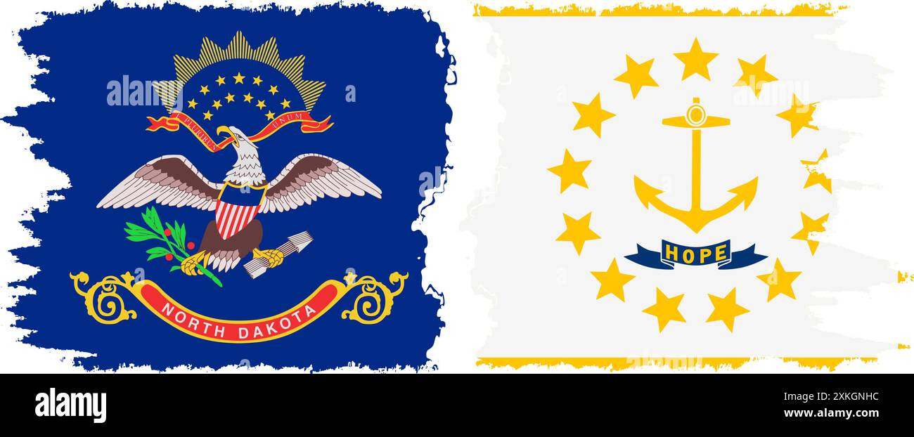 Rhode Island and North Dakota states grunge brush flags connection ...
