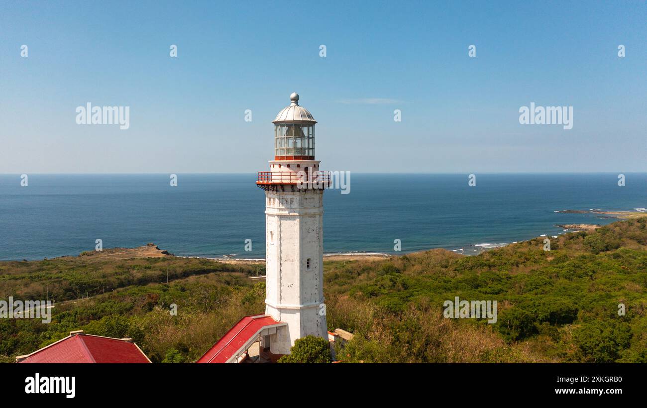 Aerial view of lighthouse on hill. Cape Bojeador Lighthouse, Ilocos ...