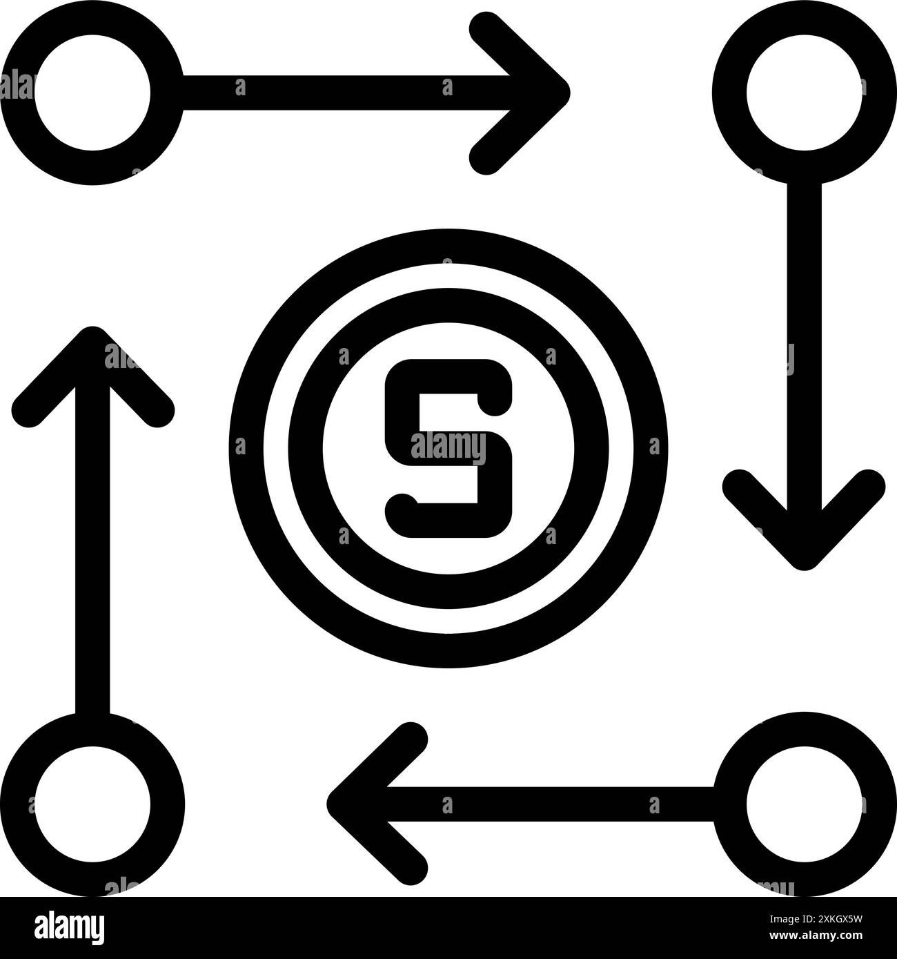 Money flow concept represented by a coin surrounded by arrows pointing ...