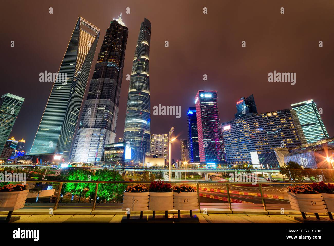 Night view of famous skyscrapers and other modern buildings Stock Photo ...