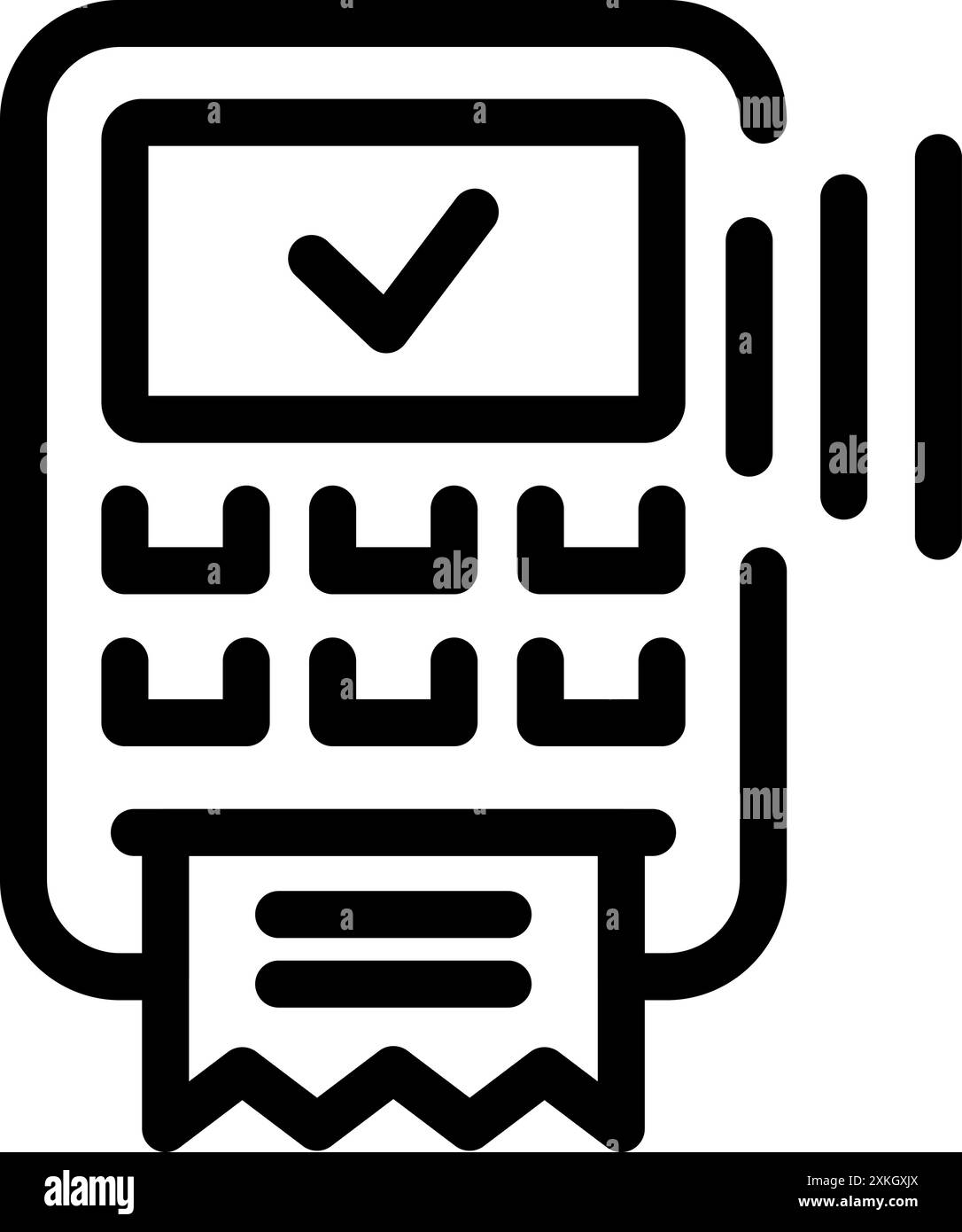 Line art icon of a payment terminal printing a receipt with a checkmark ...