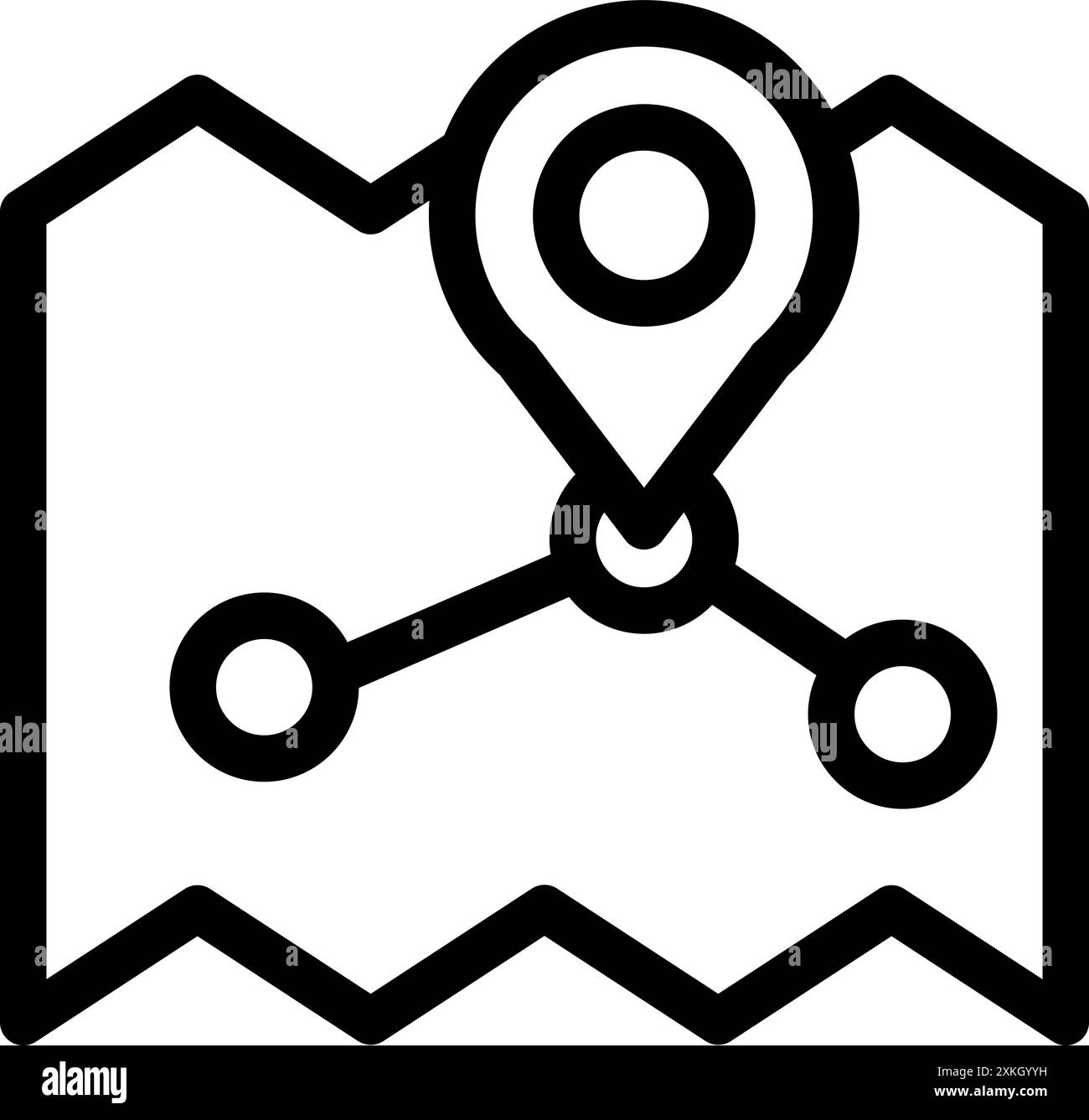 Simple, bold line icon of a map with a location pin marking a spot and ...