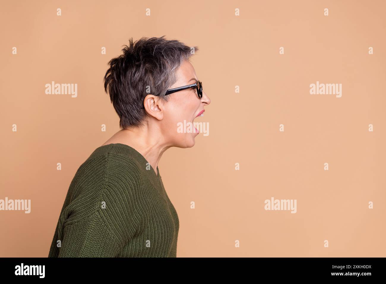 Side profile photo of angry bossy woman with short hair dressed sweater ...
